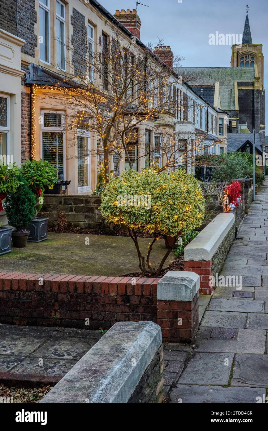 Christmas house decoration lights outside an Edwardian terrace house in ...