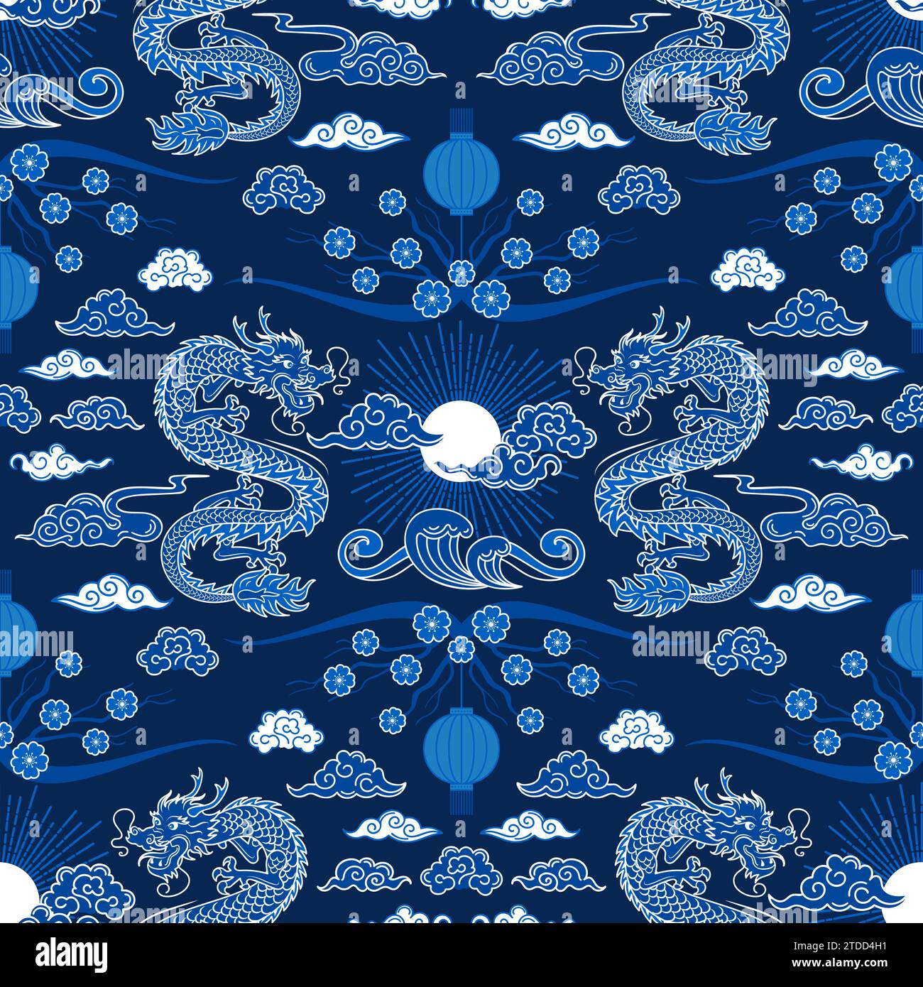 Seamless pattern Chinese New Year of the Wooden Dragon. Sun and clouds ...