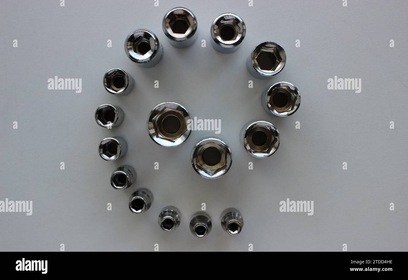 Steel Shiny Socket Wrench Nozzles In A Spiral Shape Lined By Increasing ...