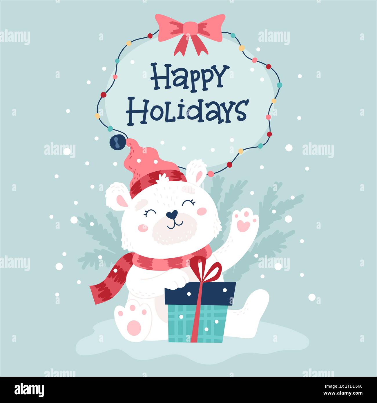 Polar Bear Christmas Card Cute Character Wearing Hat And Scarf Holding