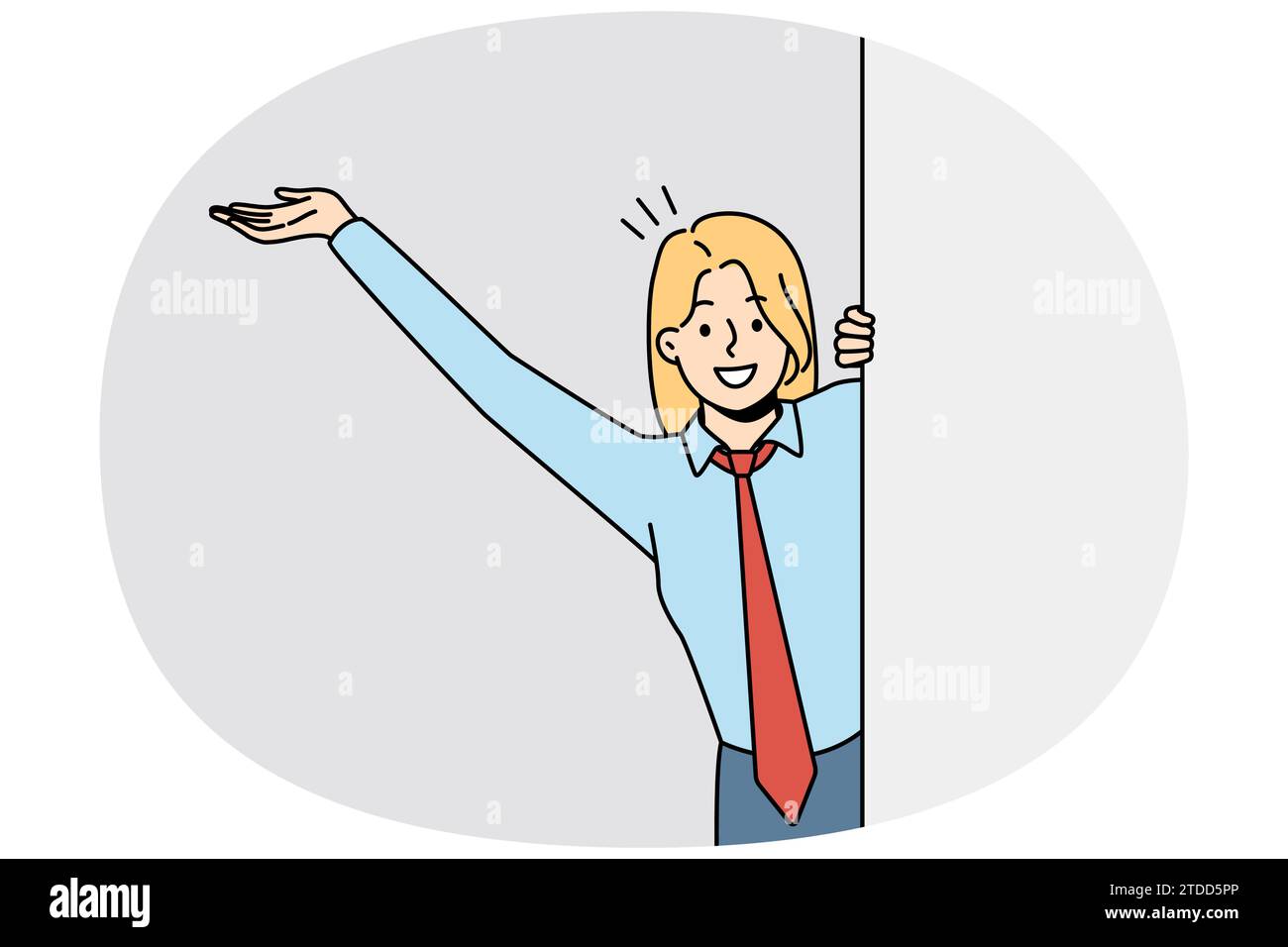 Smiling businesswoman look behind mockup white placard. Happy female ...