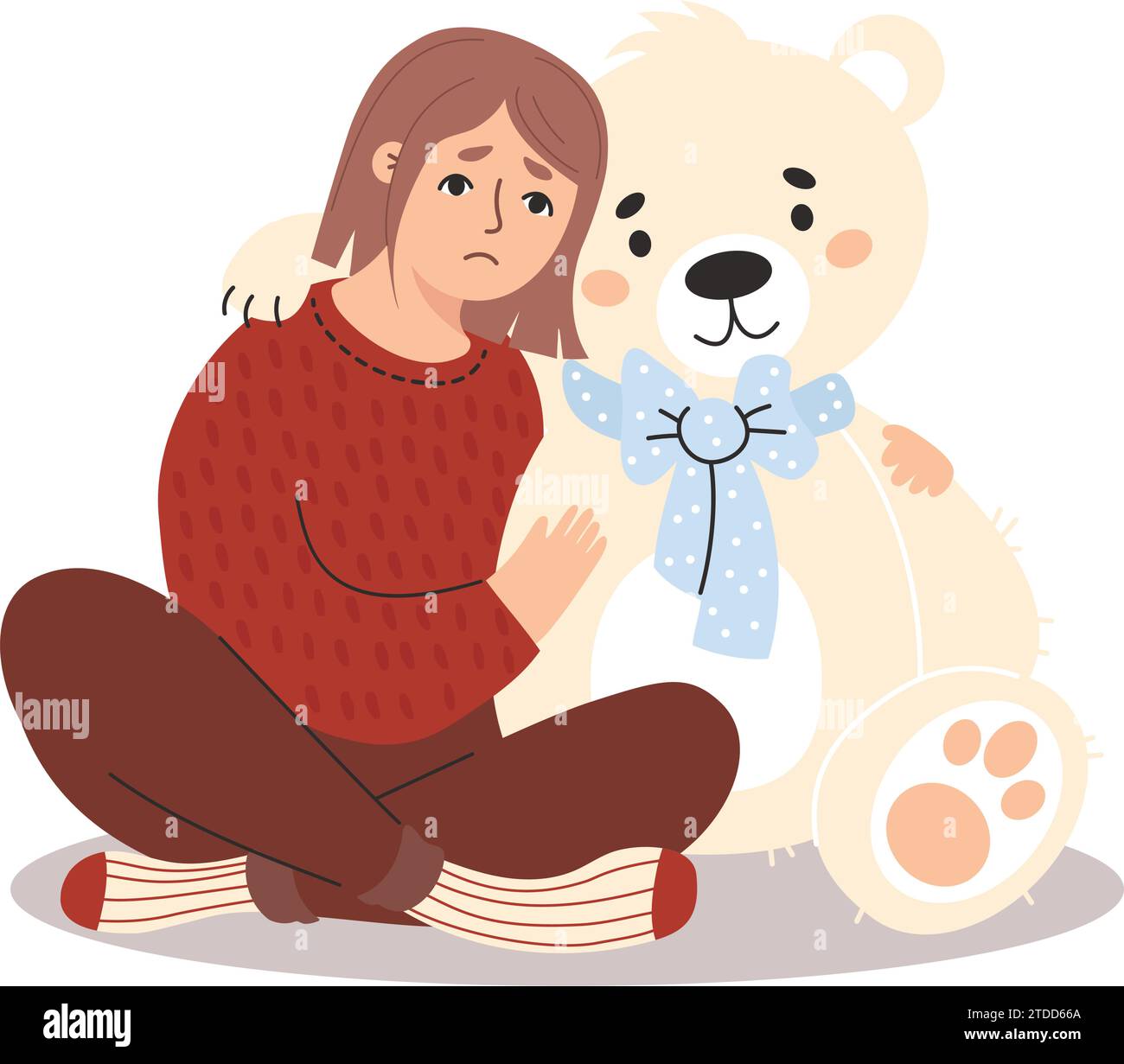 Lonely unhappy girl with white teddy bear toy. Sad holiday. Alone ...