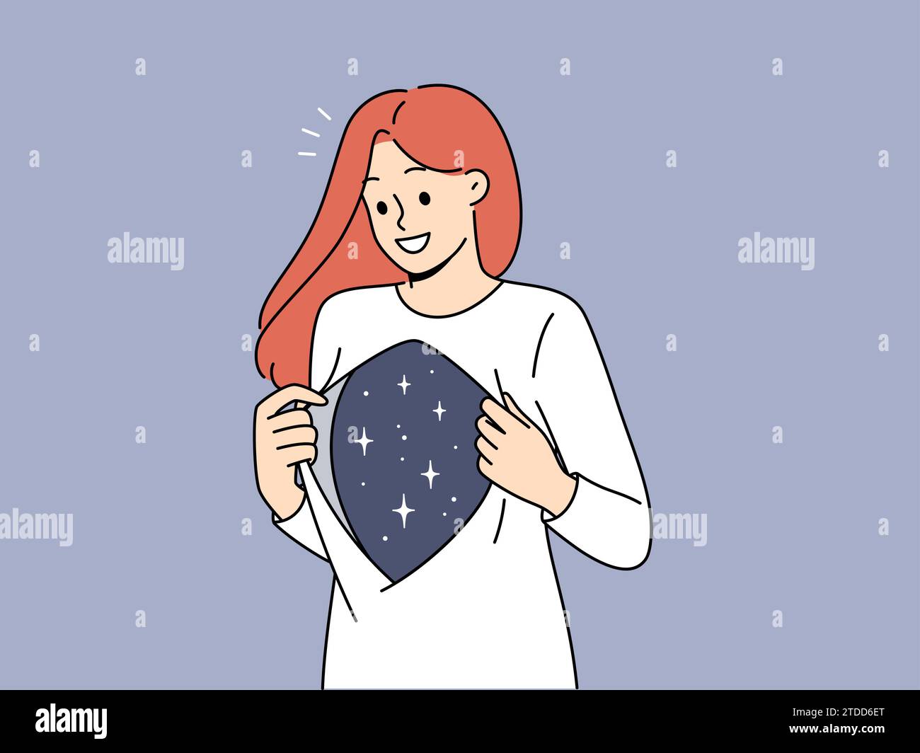 Woman shows depth of soul and inner world with smile, showing stars ...