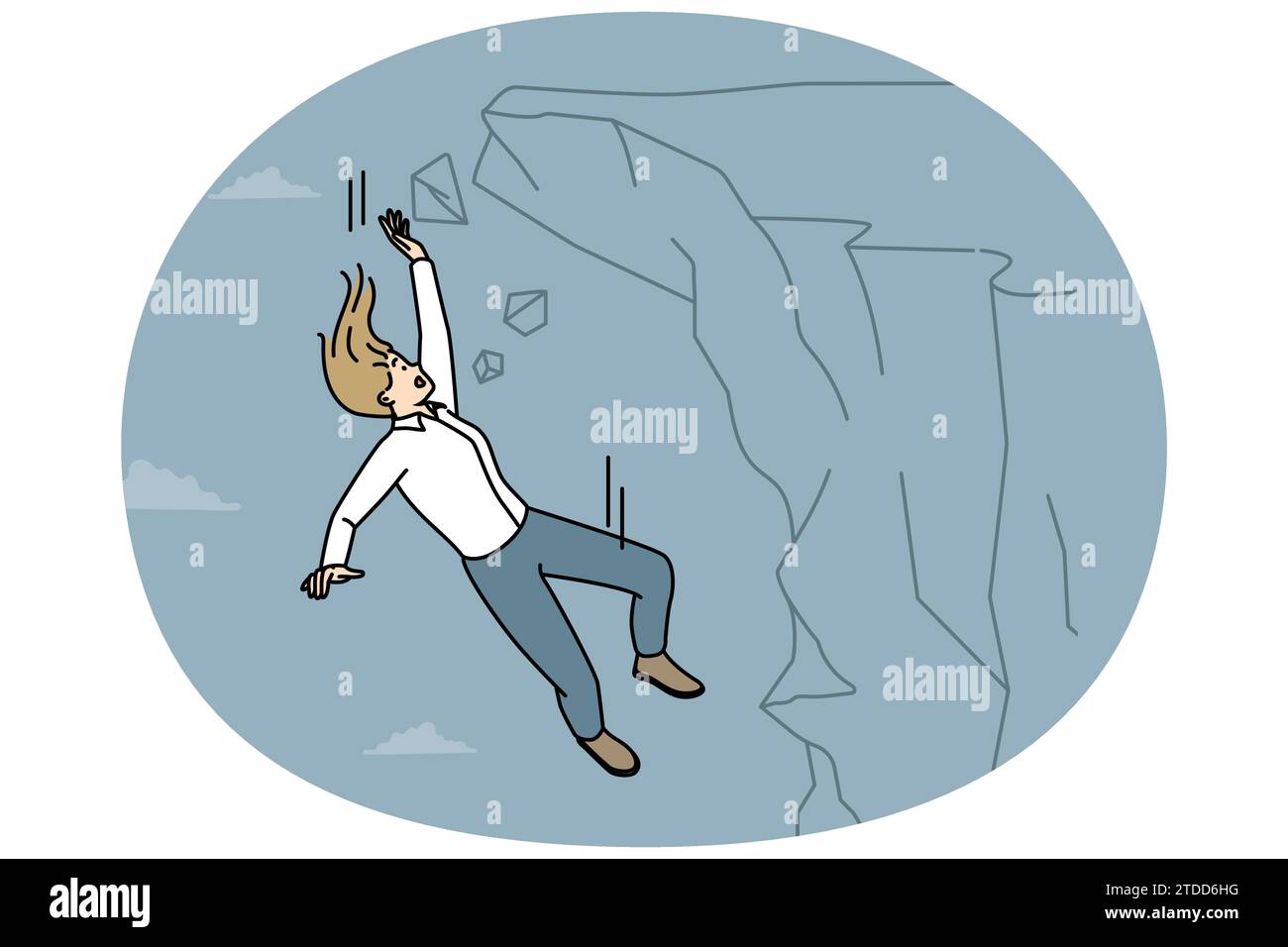 Scared businesswoman fall from cliff suffer from failure or loss at ...