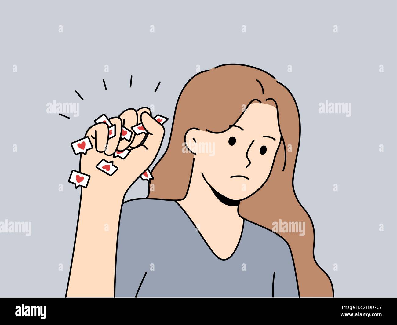 Woman struggles with social media addiction and clenches heart icons in ...