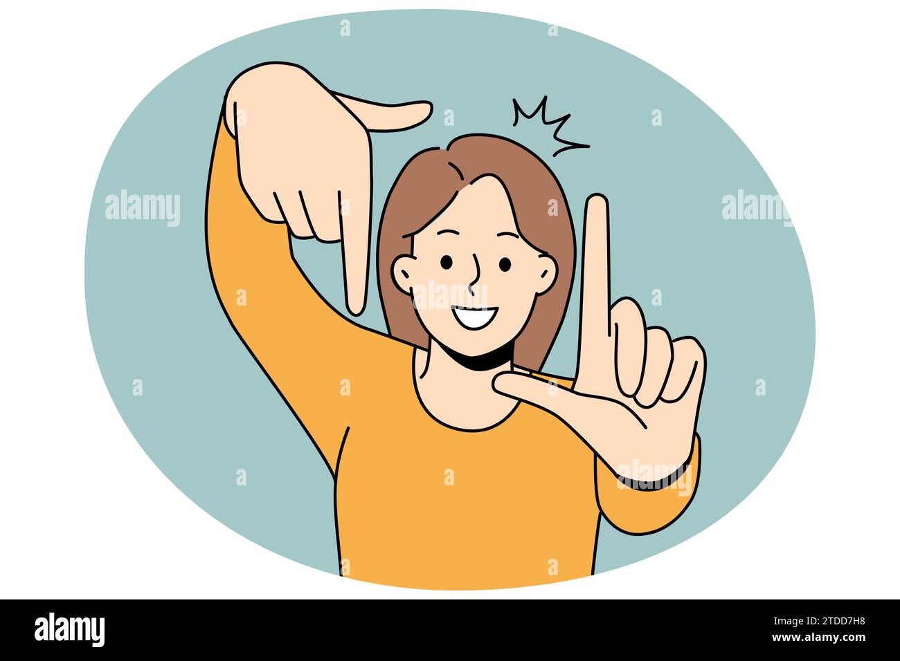 Smiling young woman make camera gesture with hands. Happy girl show ...