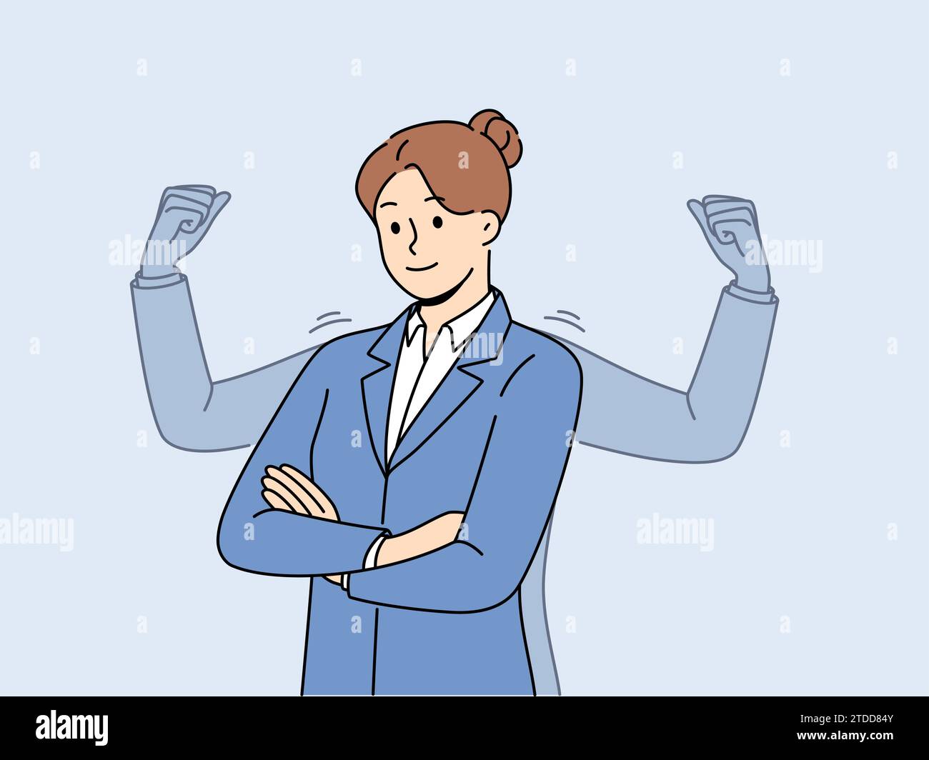 Strong business woman stands with arms crossed near imaginary biceps ...