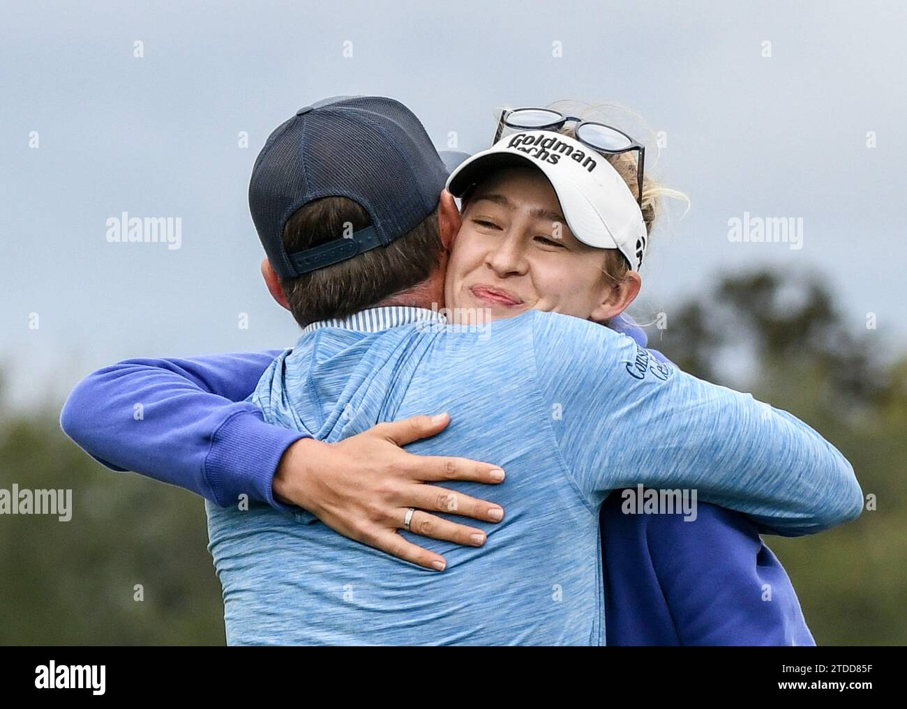 Nelly Korda embraces Justin Leonard at the 18th green during the final ...