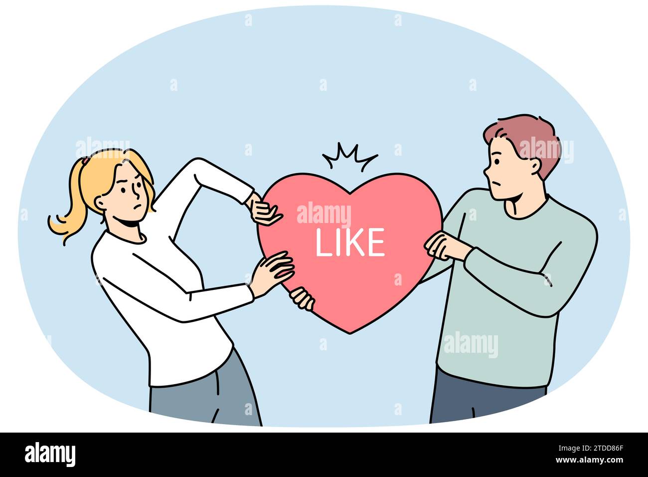 Angry man and woman share likes on social media. Furious male and ...