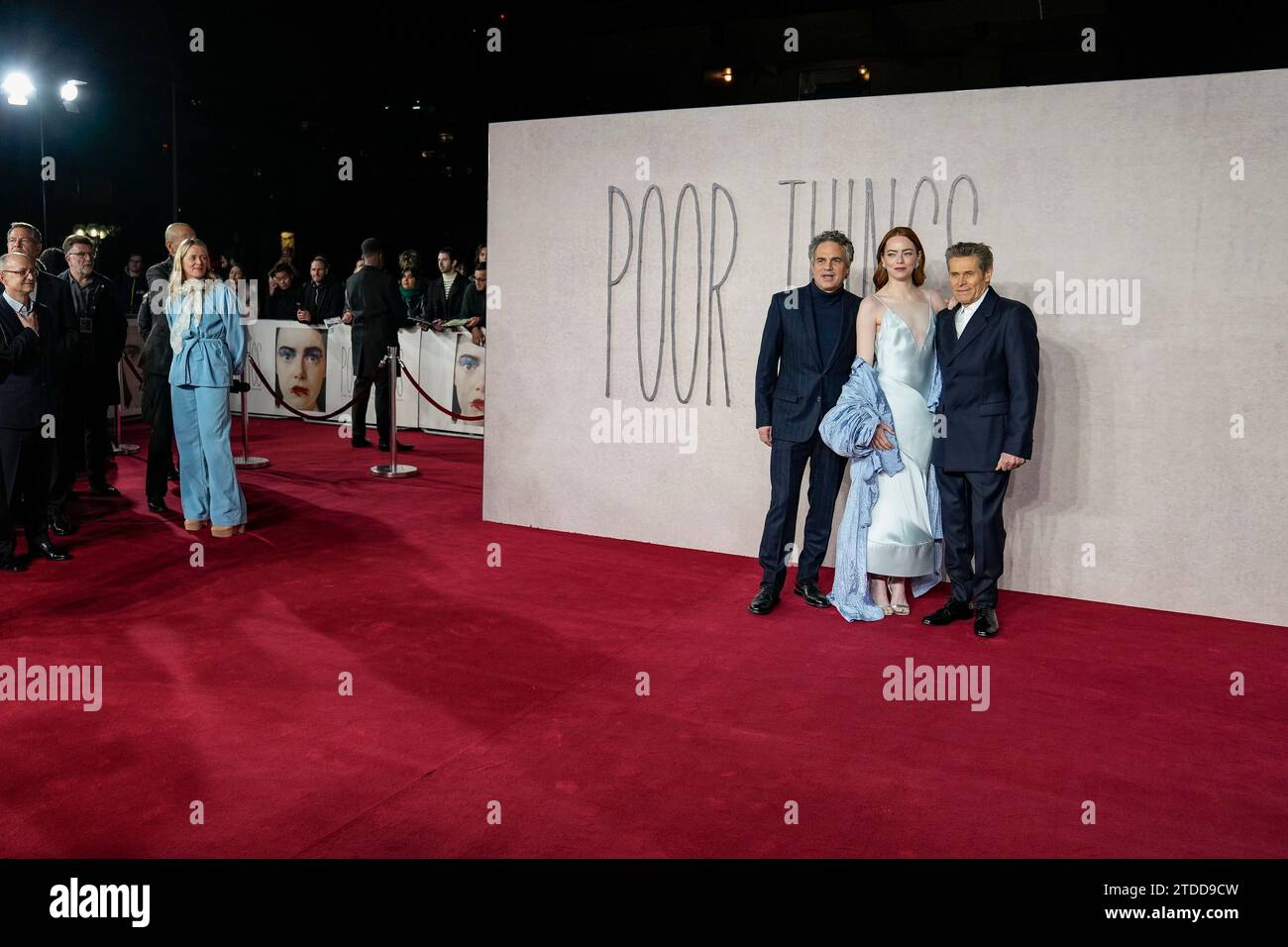 Mark Ruffalo, from left, Emma Stone and Willem Dafoe pose for photographers upon arrival at the ...