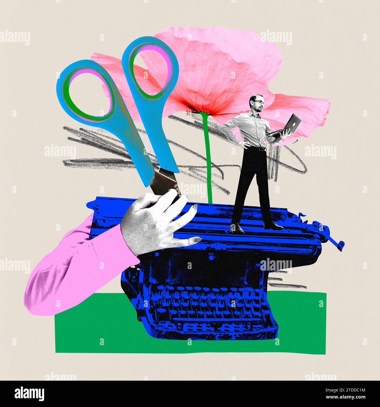 Journalism. Businessman standing with laptop on retro typewriter ...