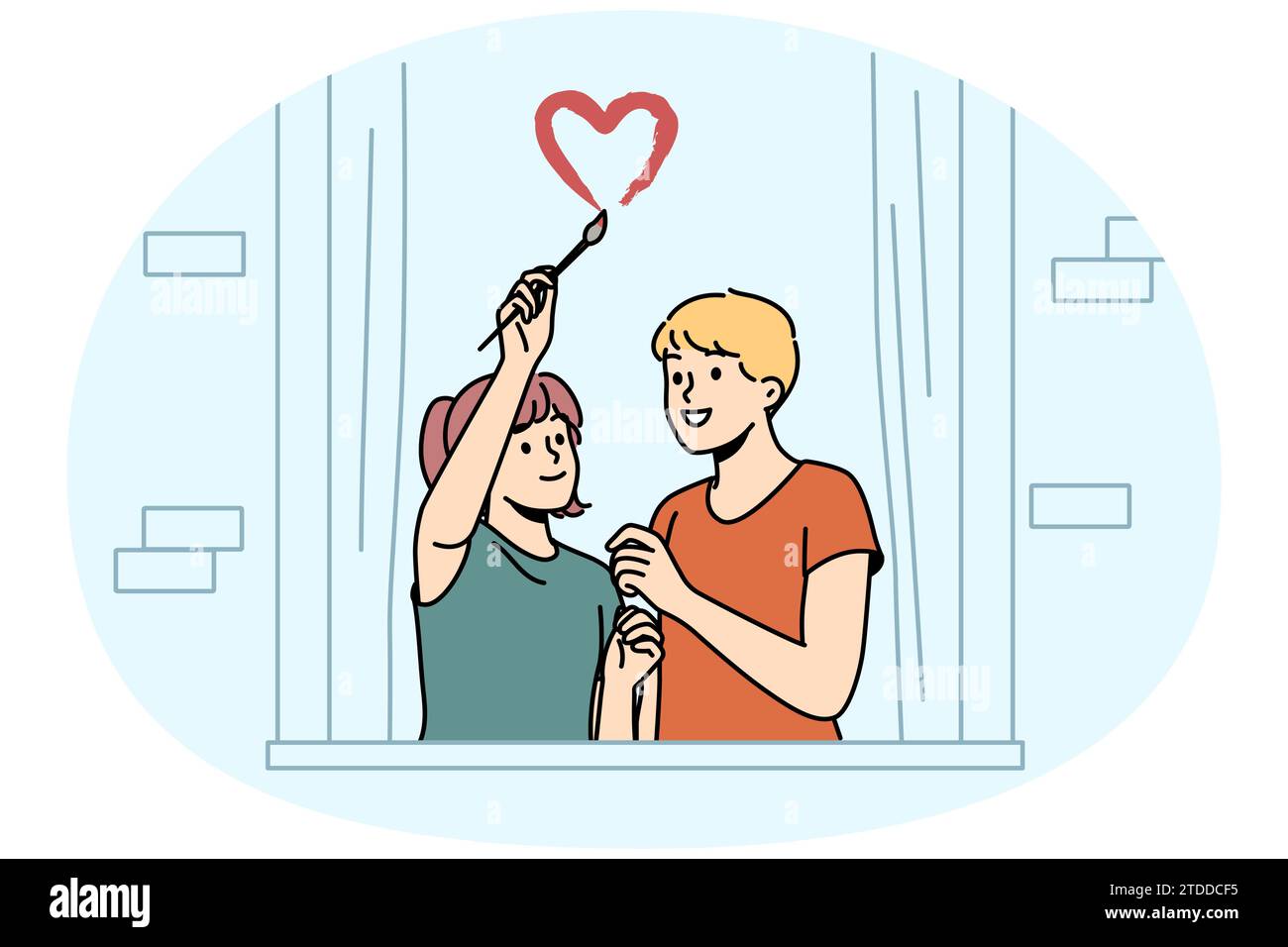 Happy couple drawing heart symbol on window excited about living ...