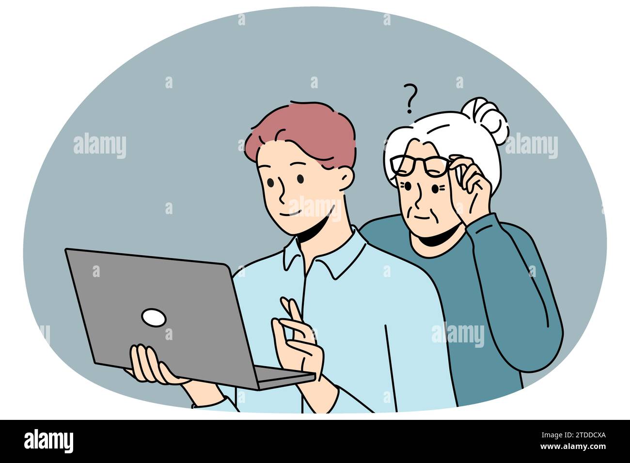 Millennial grandson help confused older grandmother with laptop problem ...