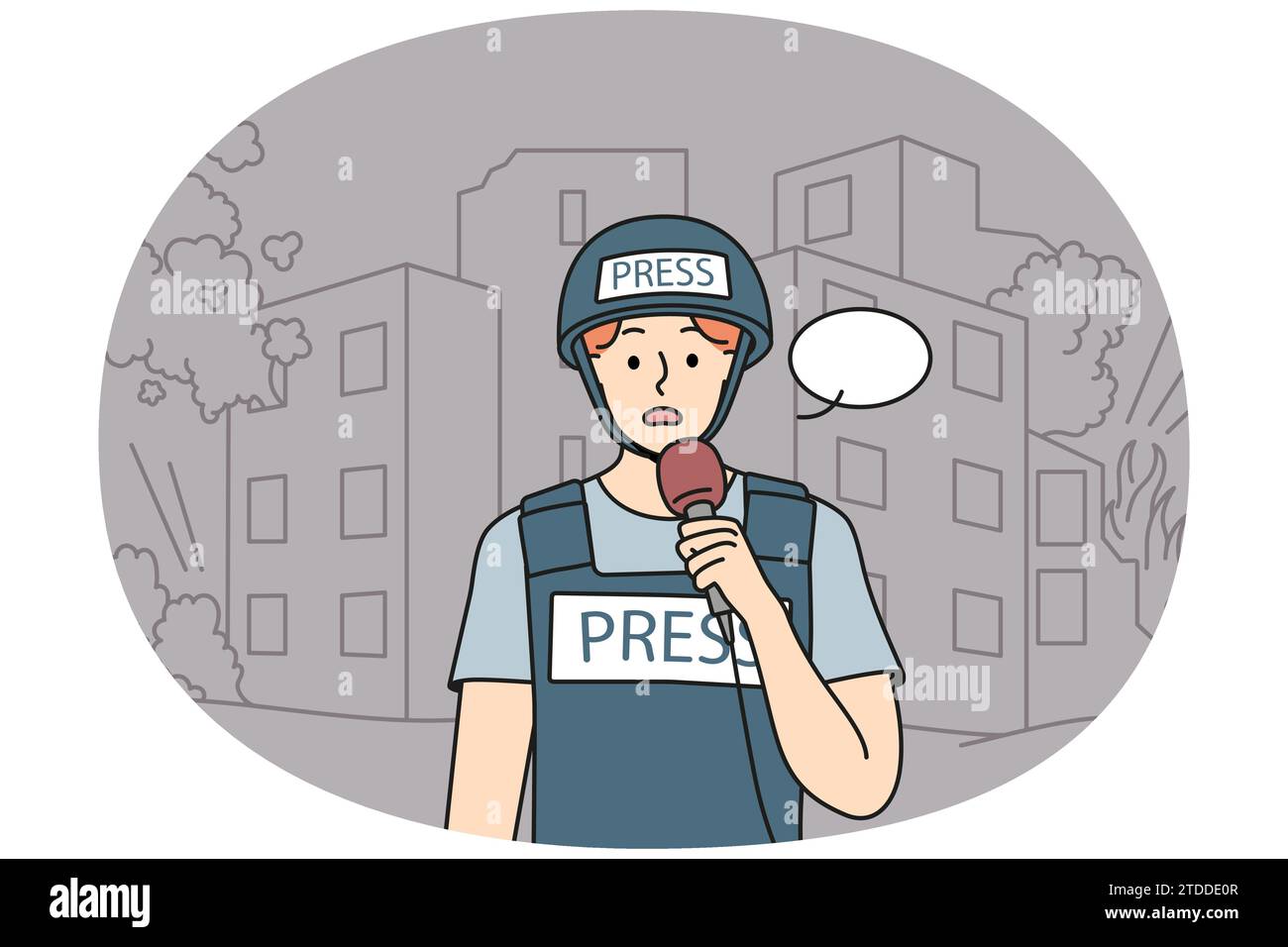 Scared male reporter in protective gear lead live broadcast from war ...