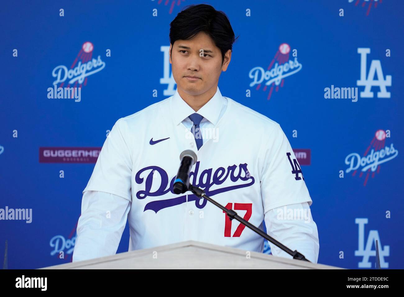Los Angeles Dodgers' Shohei Ohtani speaks during a baseball news ...
