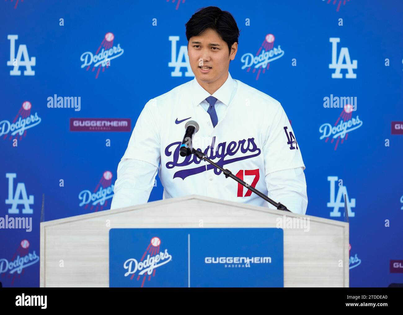 Los Angeles Dodgers' Shohei Ohtani speaks during a baseball news ...