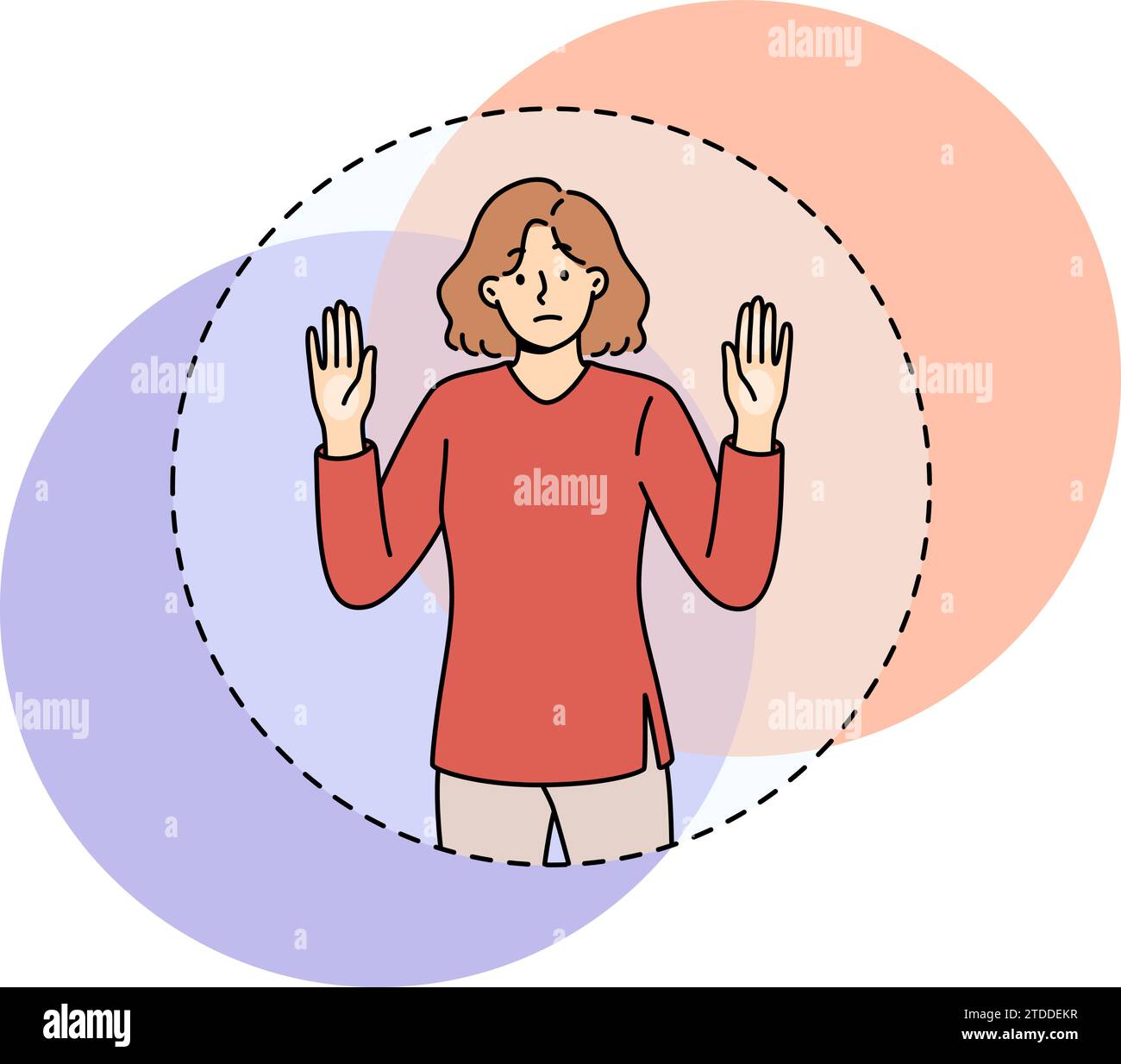 Sad woman cannot get out transparent circle symbolizing comfort zone ...