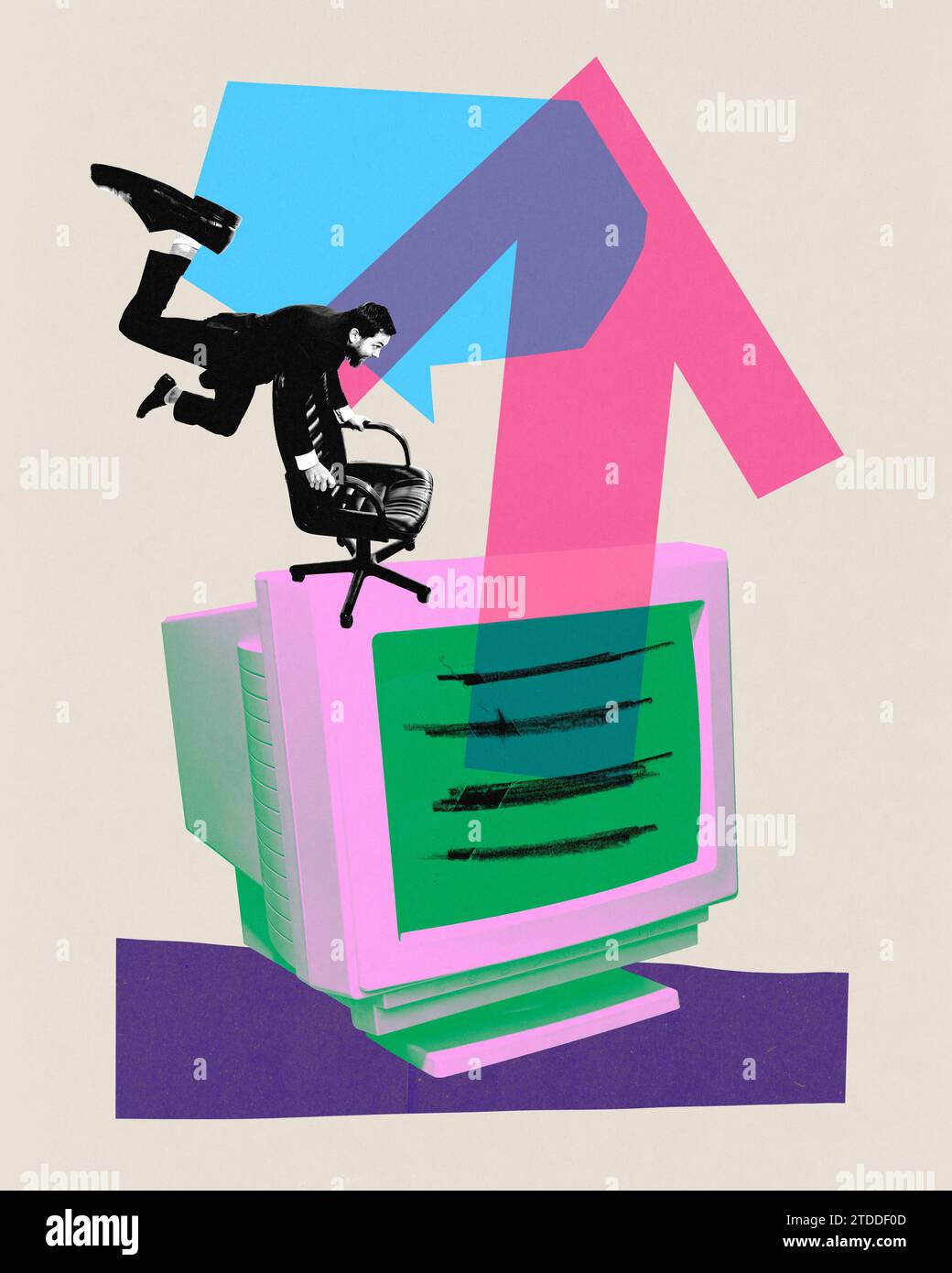 Businessman riding on chair over computer, moving forward to success ...