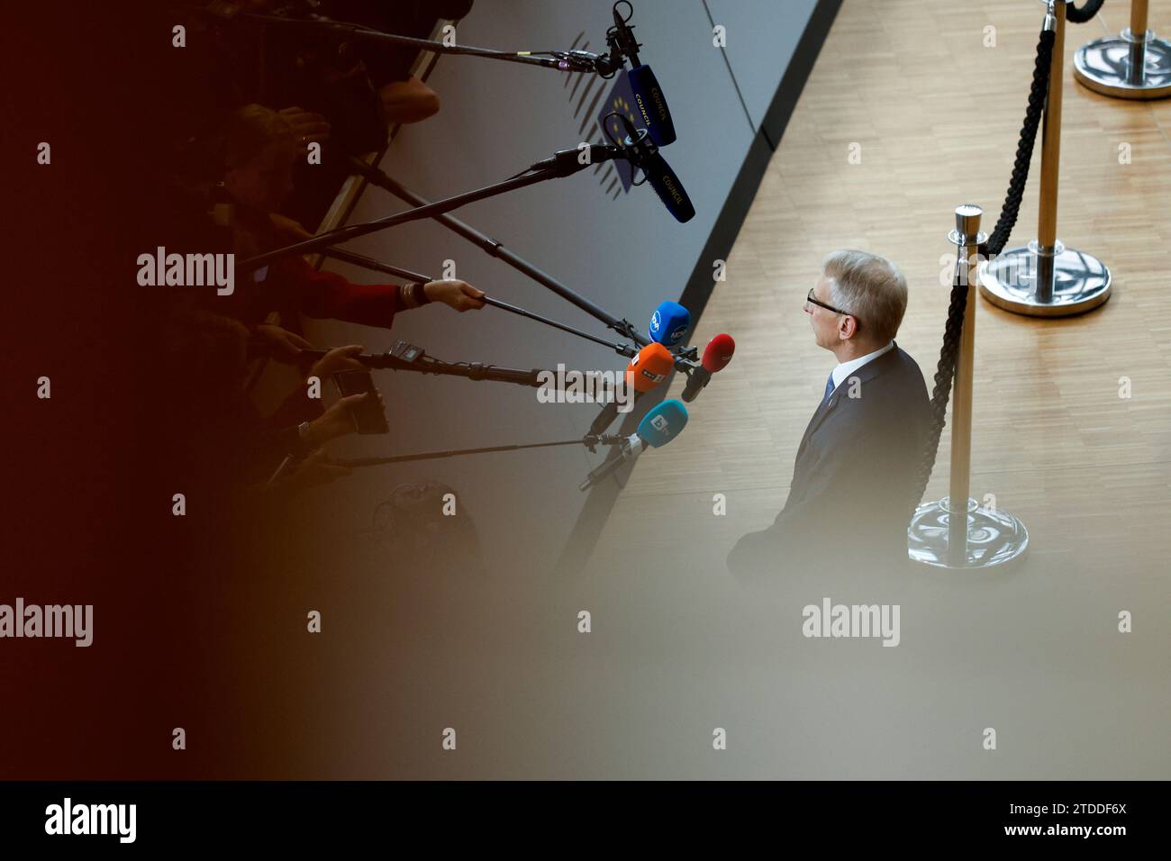 Bulgaria's Prime Minister Nikolai Denkov speaks with the media arrives ...