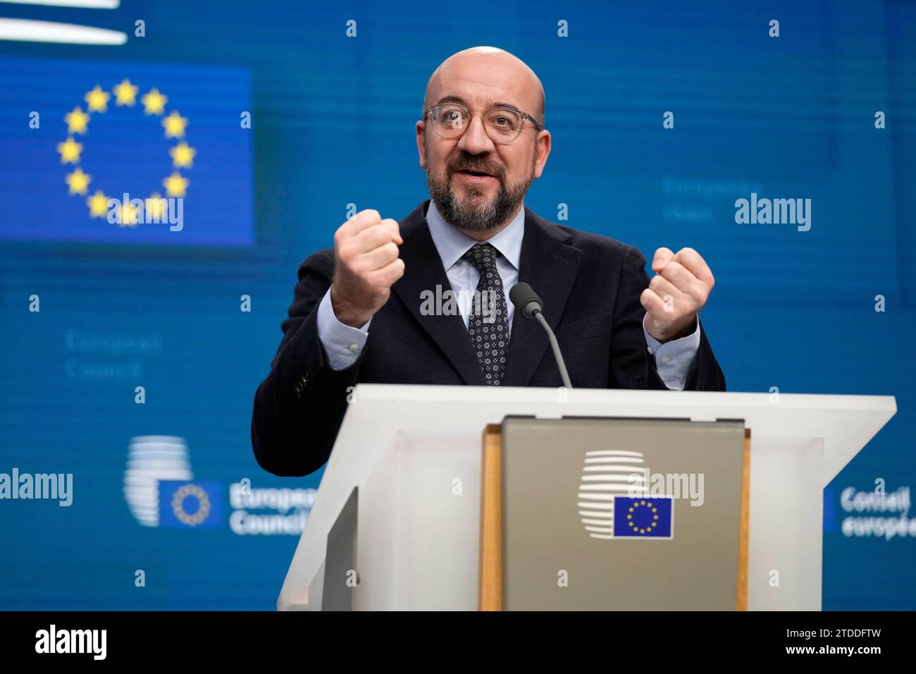 European Council President Charles Michel addresses a media conference ...