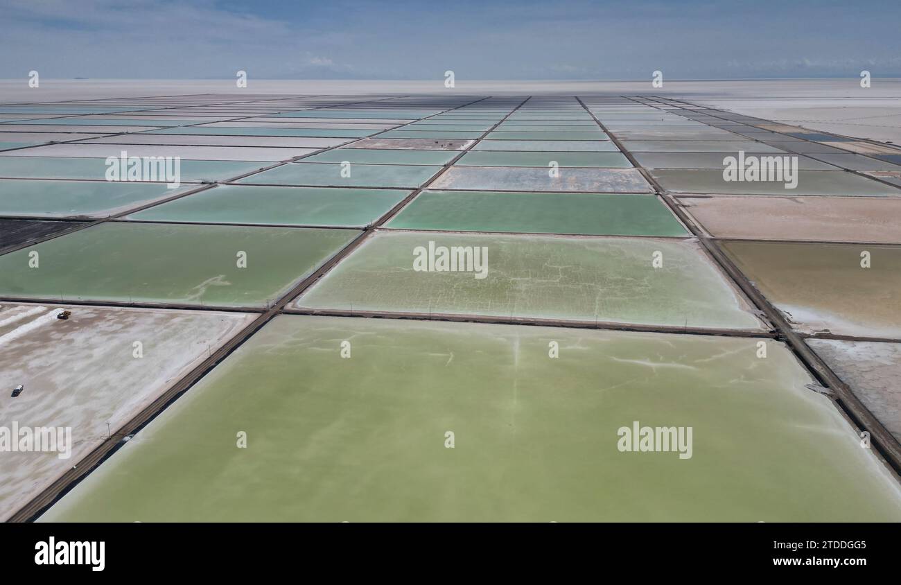 Aerial view of the salt recovery pools in different degrees of ...