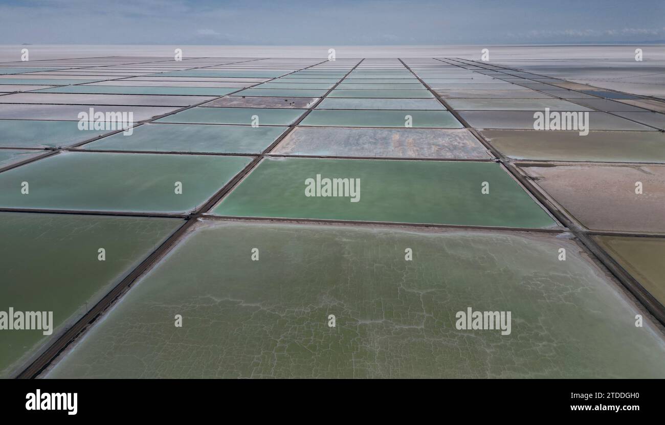 Aerial view of the salt recovery pools in different degrees of ...