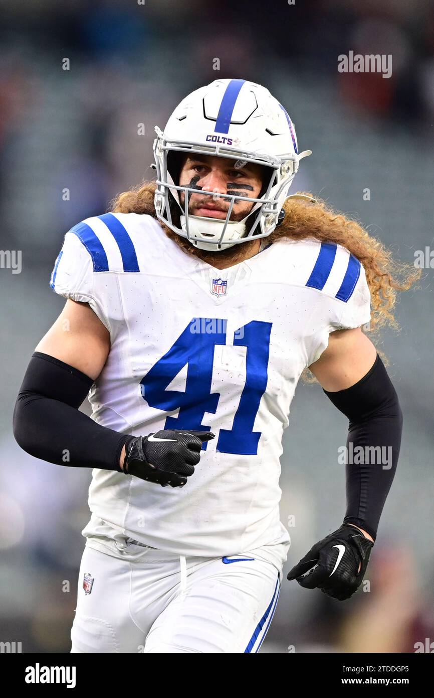 Indianapolis Colts linebacker Grant Stuard (41) runs off the field after an NFL football game ...