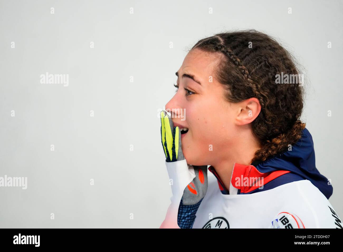 Third placed Tabitha Stoecker of Great Britain reacts after the women's ...