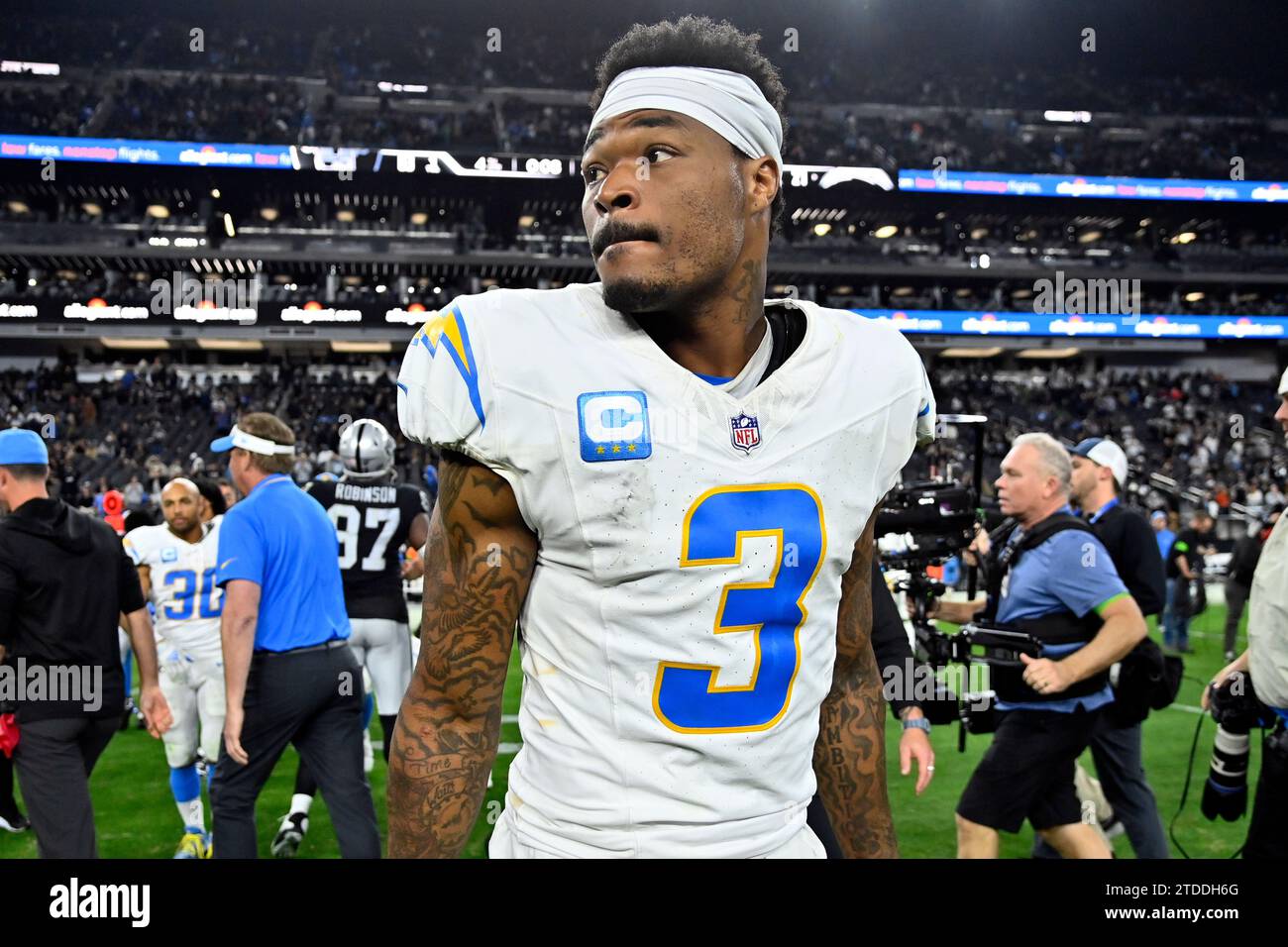 Los Angeles Chargers safety Derwin James Jr. (3) looks on after an NFL ...