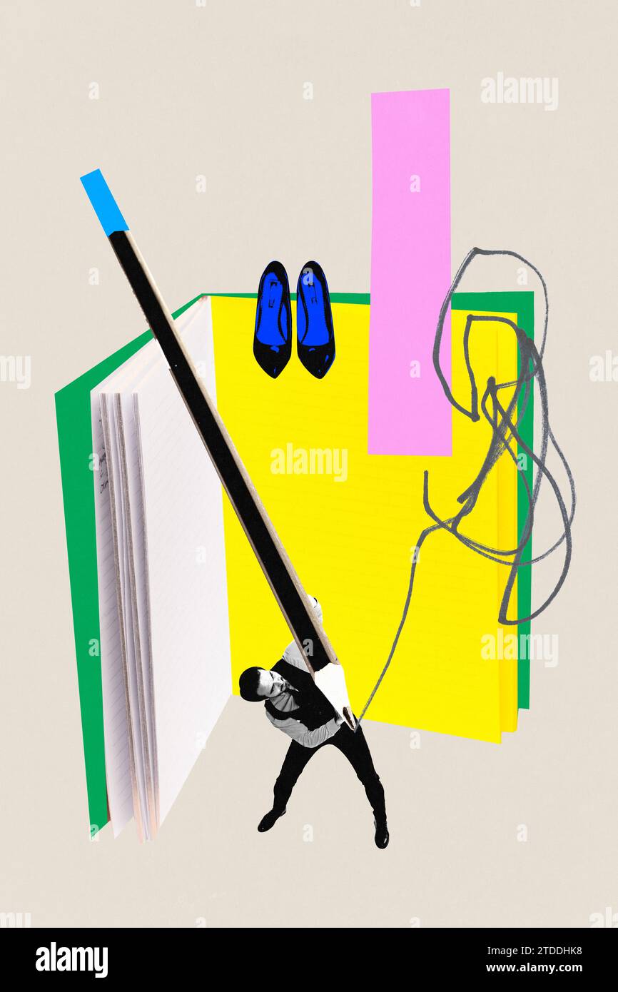 Man, employee with giant pencil and open notebook. Planning, writing ...