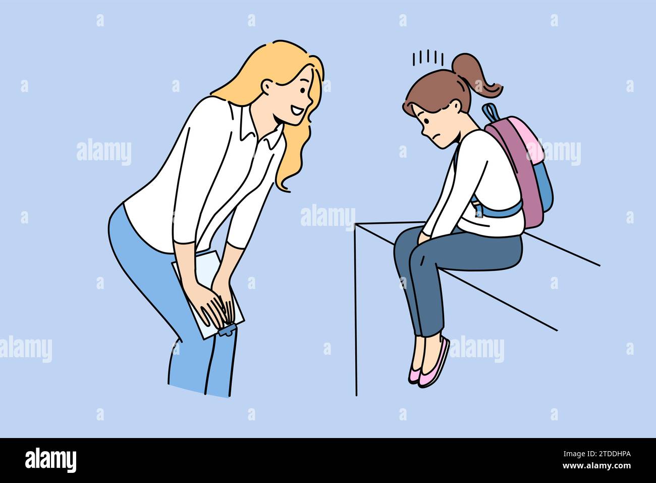 Woman teacher supports and motivates sad child who has problems with ...