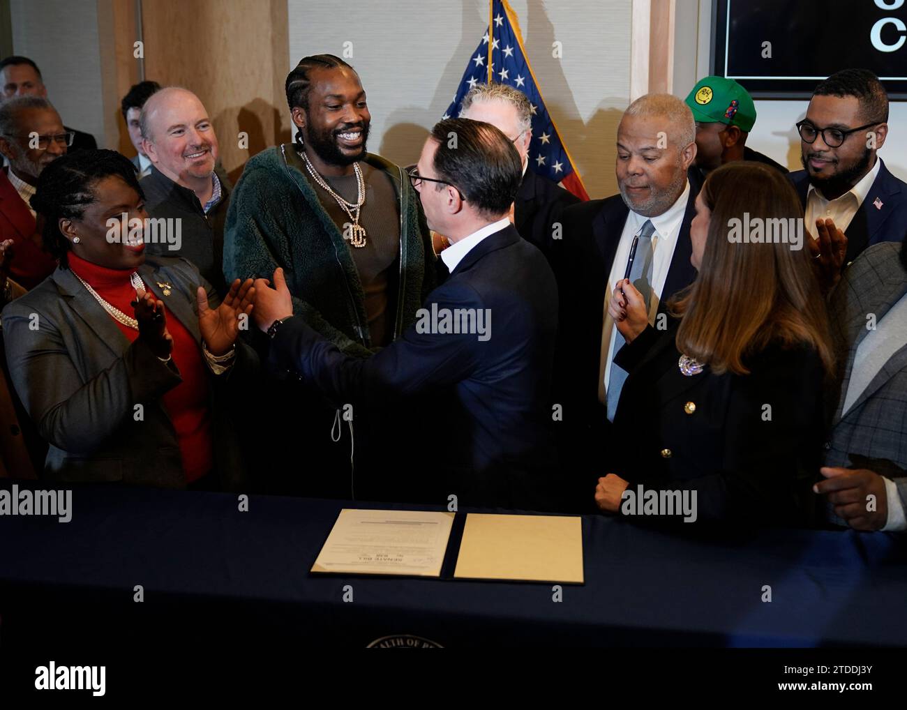 Rapper Meek Mill, center left, and Pennsylvania Gov. Josh Shapiro ...