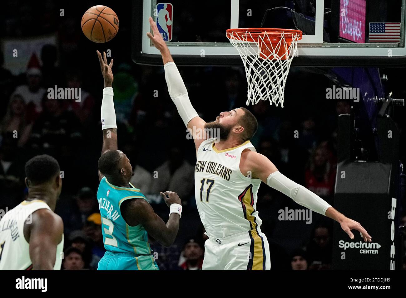 Charlotte Hornets guard Terry Rozier shoots over New Orleans Pelicans center Jonas Valanciunas ...