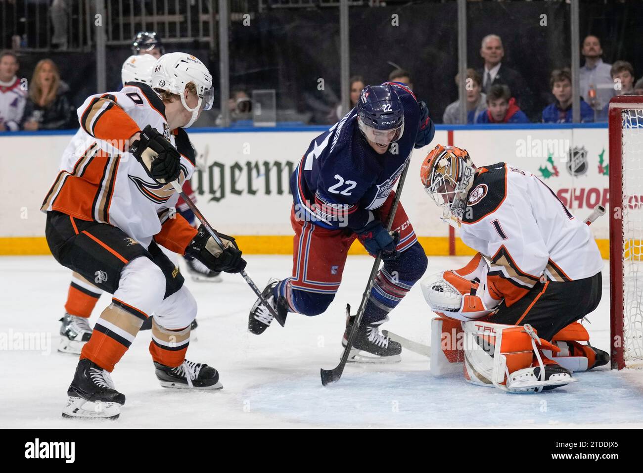 New York Rangers' Jonny Brodzinski (22) tries for a rebound after a ...