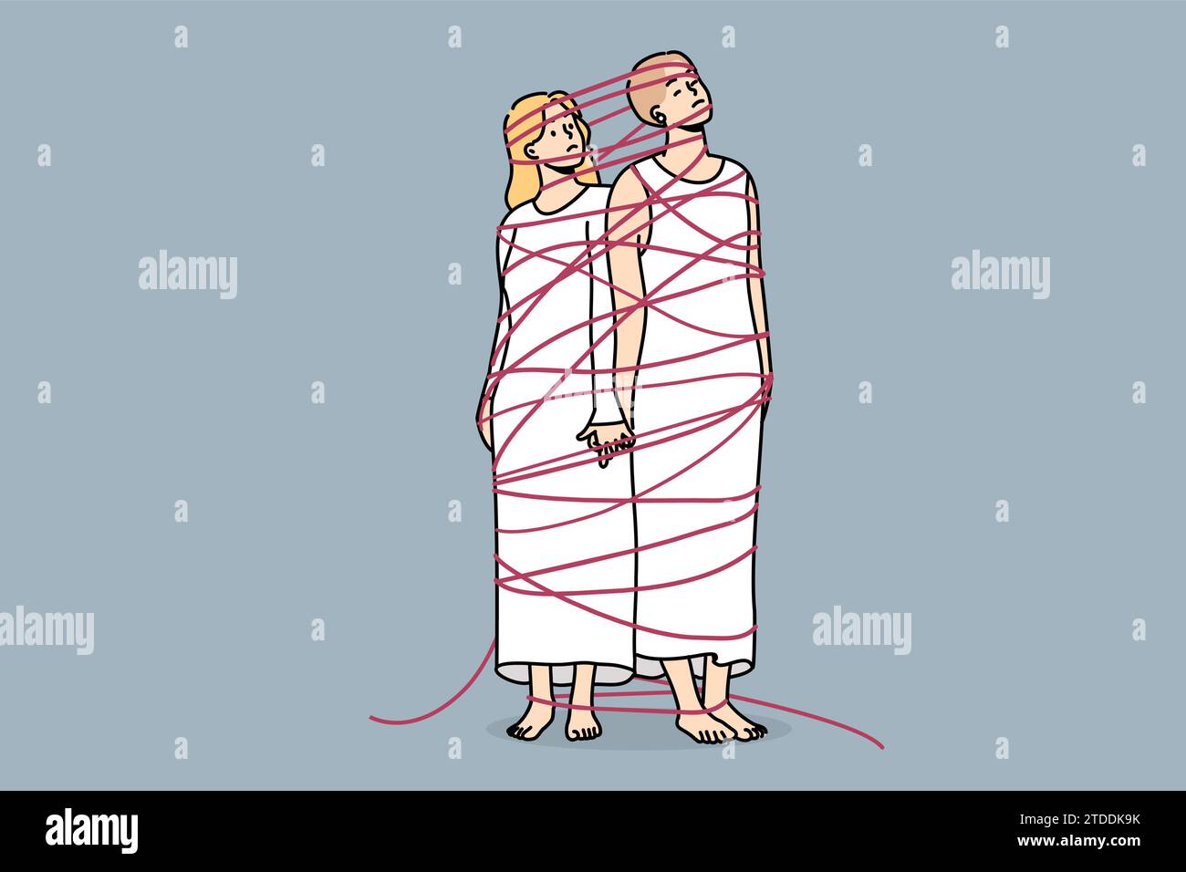 Two sad women tied with rope hold hands demonstrating personal ...