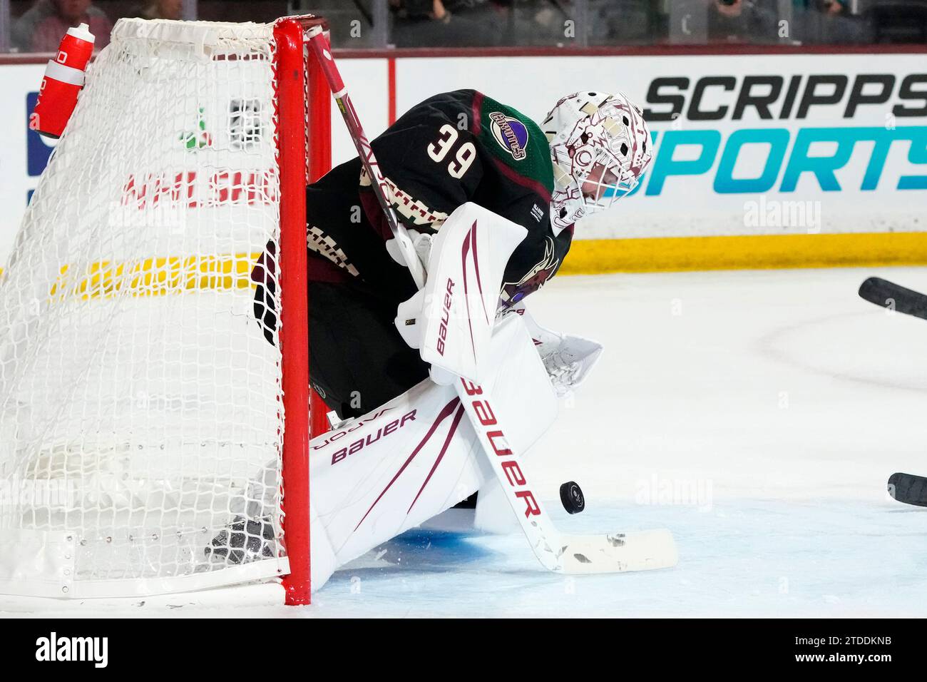 Arizona Coyotes goaltender Connor Ingram makes a save against the San ...