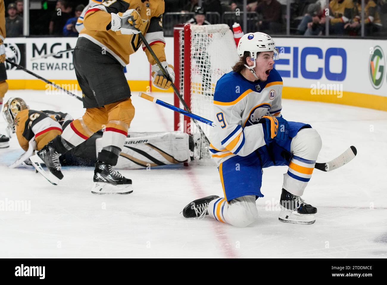 Buffalo Sabres left wing Zach Benson (9) celebrates after scoring ...