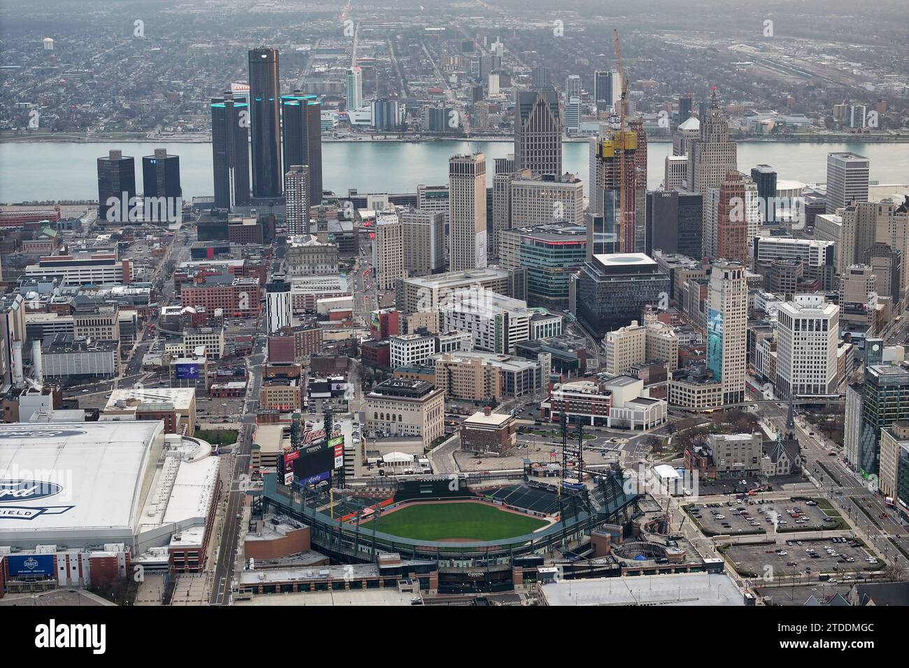 A general overall aerial view of Comerica Park baseball stadium and ...