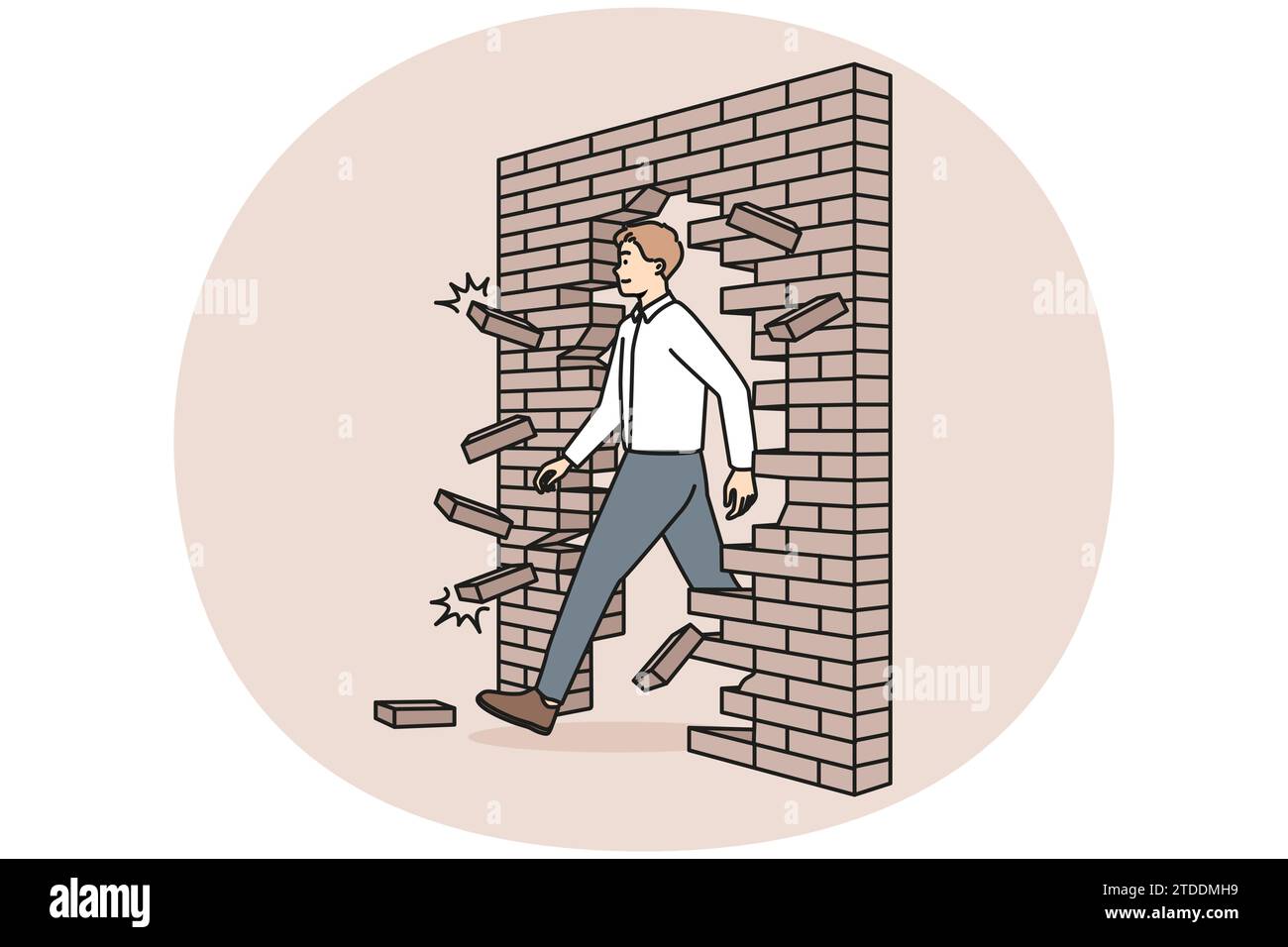 Confident businessman walk through crashed brick wall achieve business ...