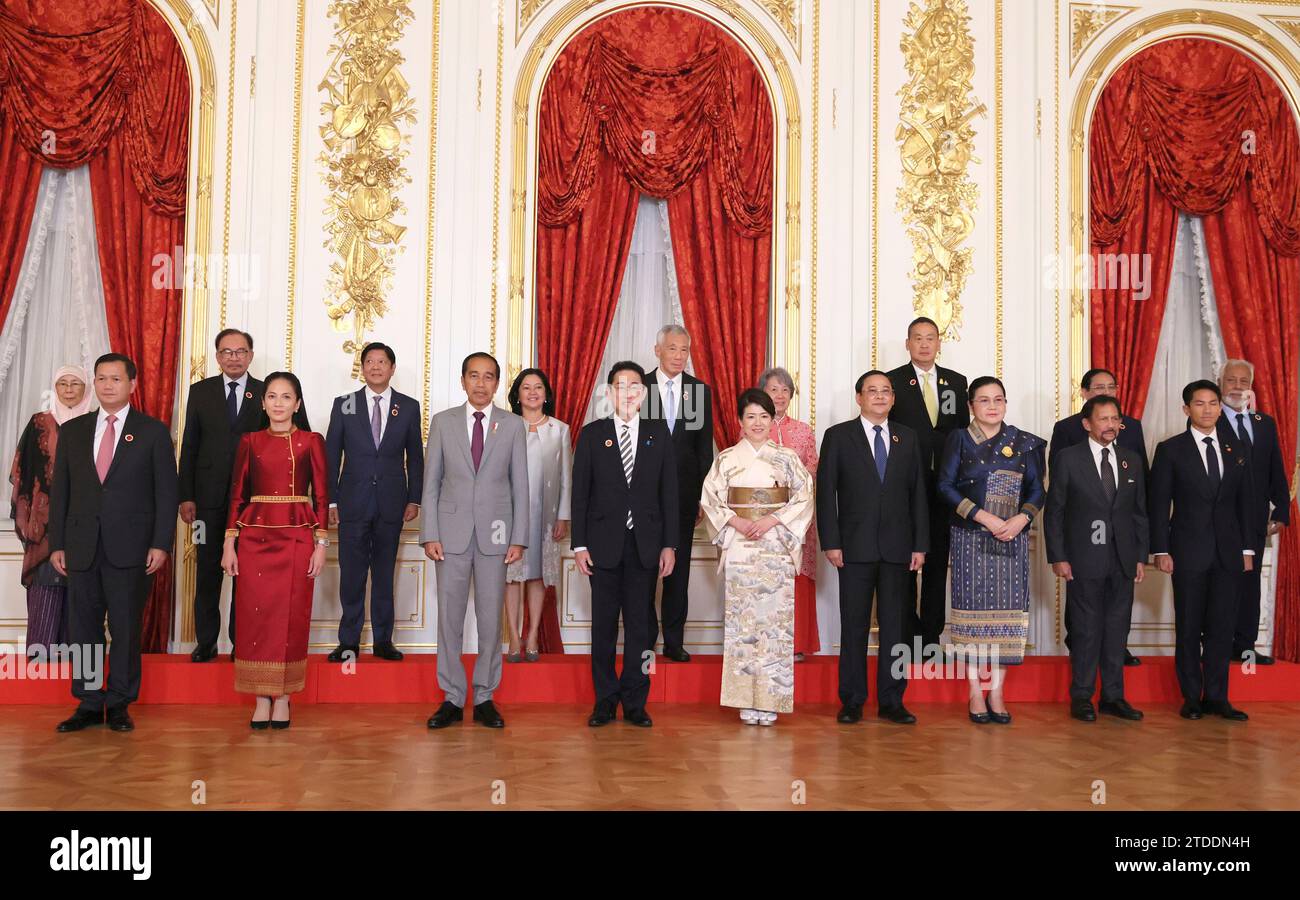 Front from left: Cambodian Prime Minister Hun Manet with his wife Pich Chanmony, Indonesian ...