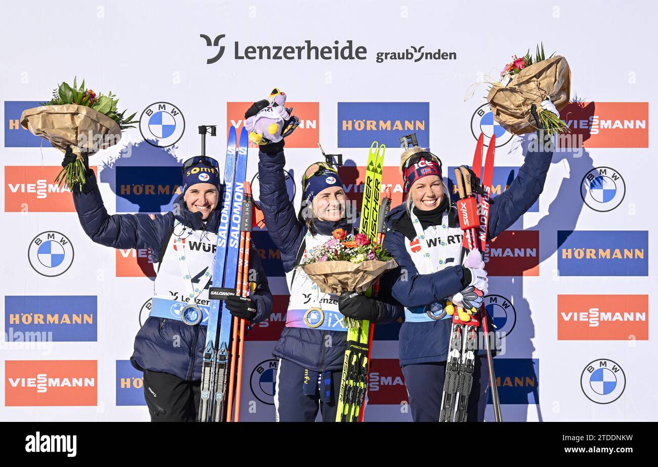 Winner Justine Braisaz-Bouchet of France, center, second placed Julia ...