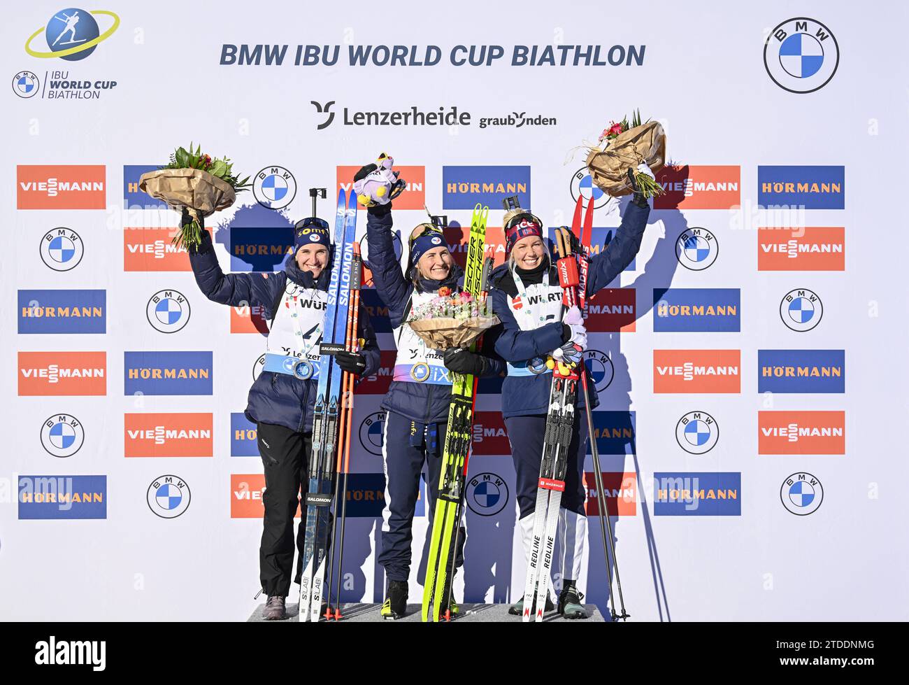 Winner Justine Braisaz-Bouchet of France, center, second placed Julia ...