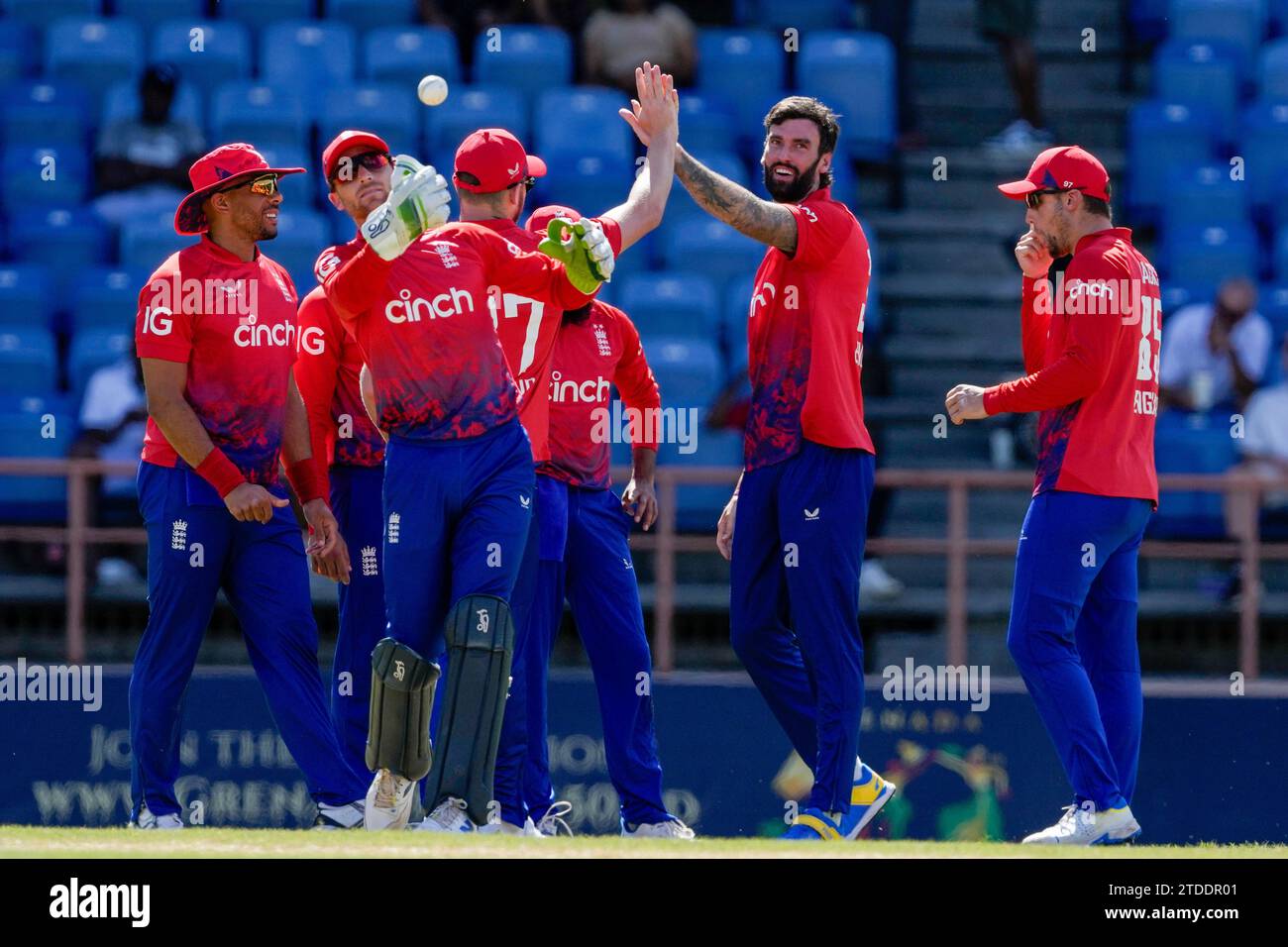 England's Reece Topley celebrates taking the wicket of West Indies ...