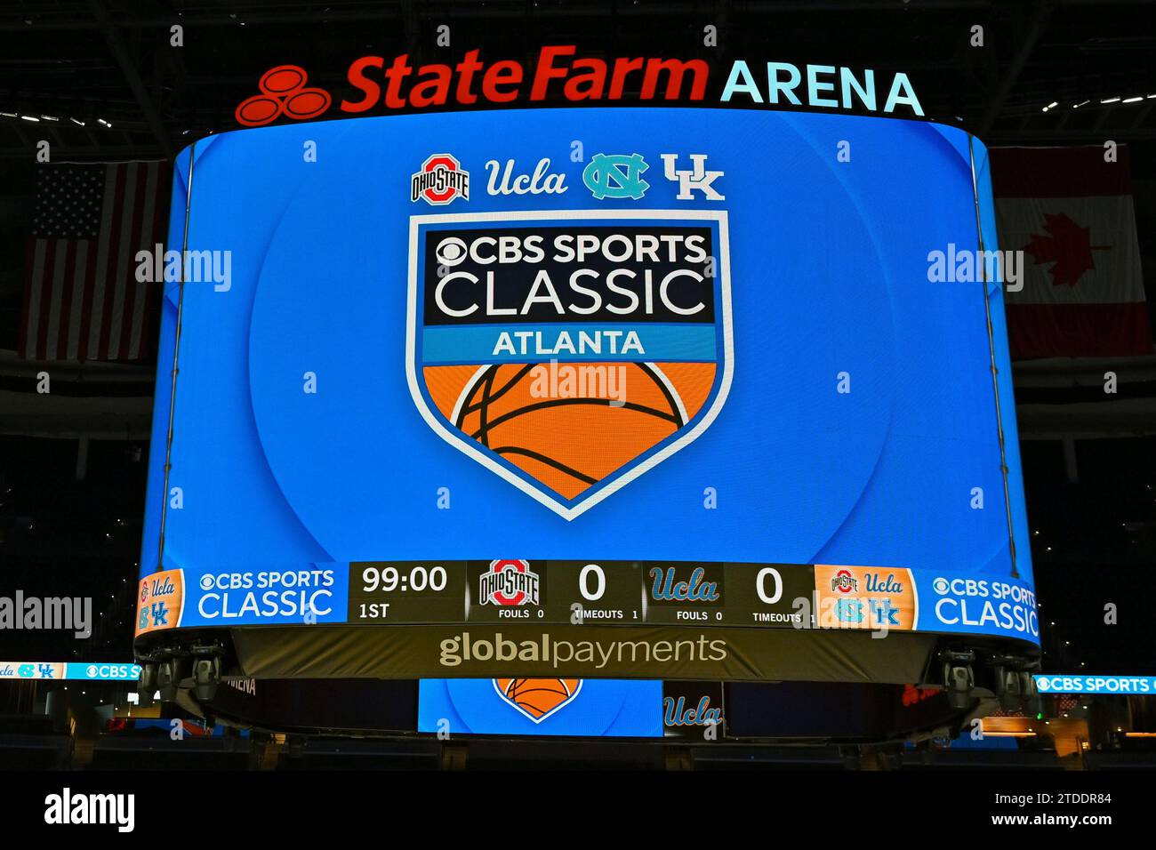 ATLANTA GA DECEMBER 16 The overhead scoreboard prior to the start of the CBS Sports Classic college basketball game between the Ohio State Buckeyes the UCLA Bruins on December 16th 2023