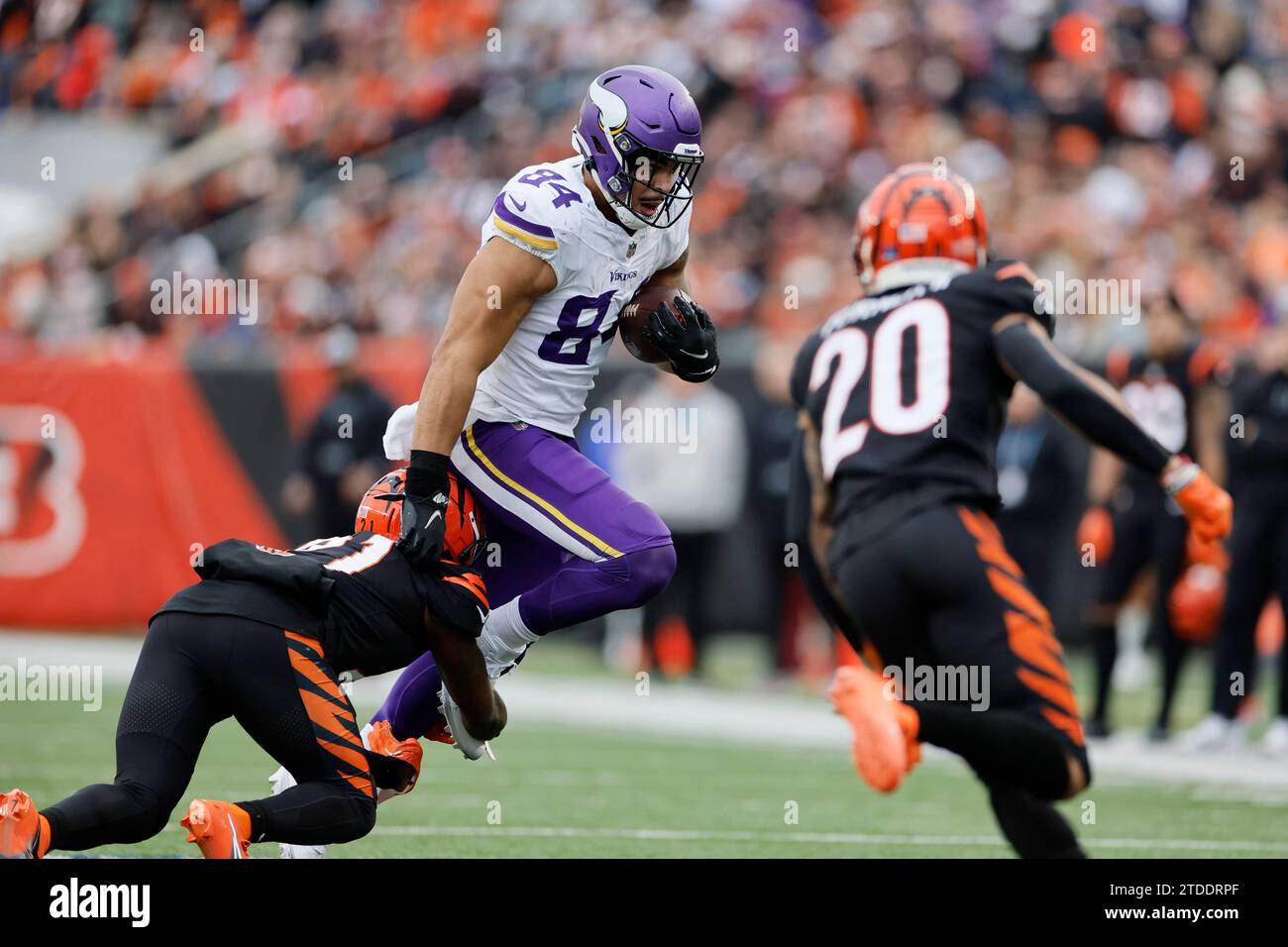 Minnesota Vikings tight end Josh Oliver (84) leaps after a catch ...