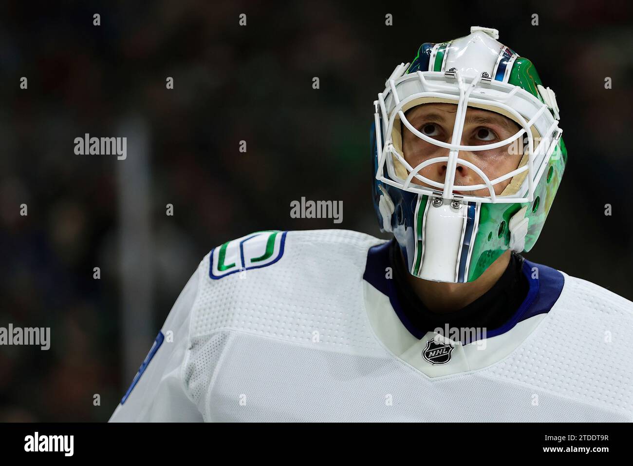 Vancouver Canucks goaltender Casey DeSmith (29) looks on during the second period of an NHL ...