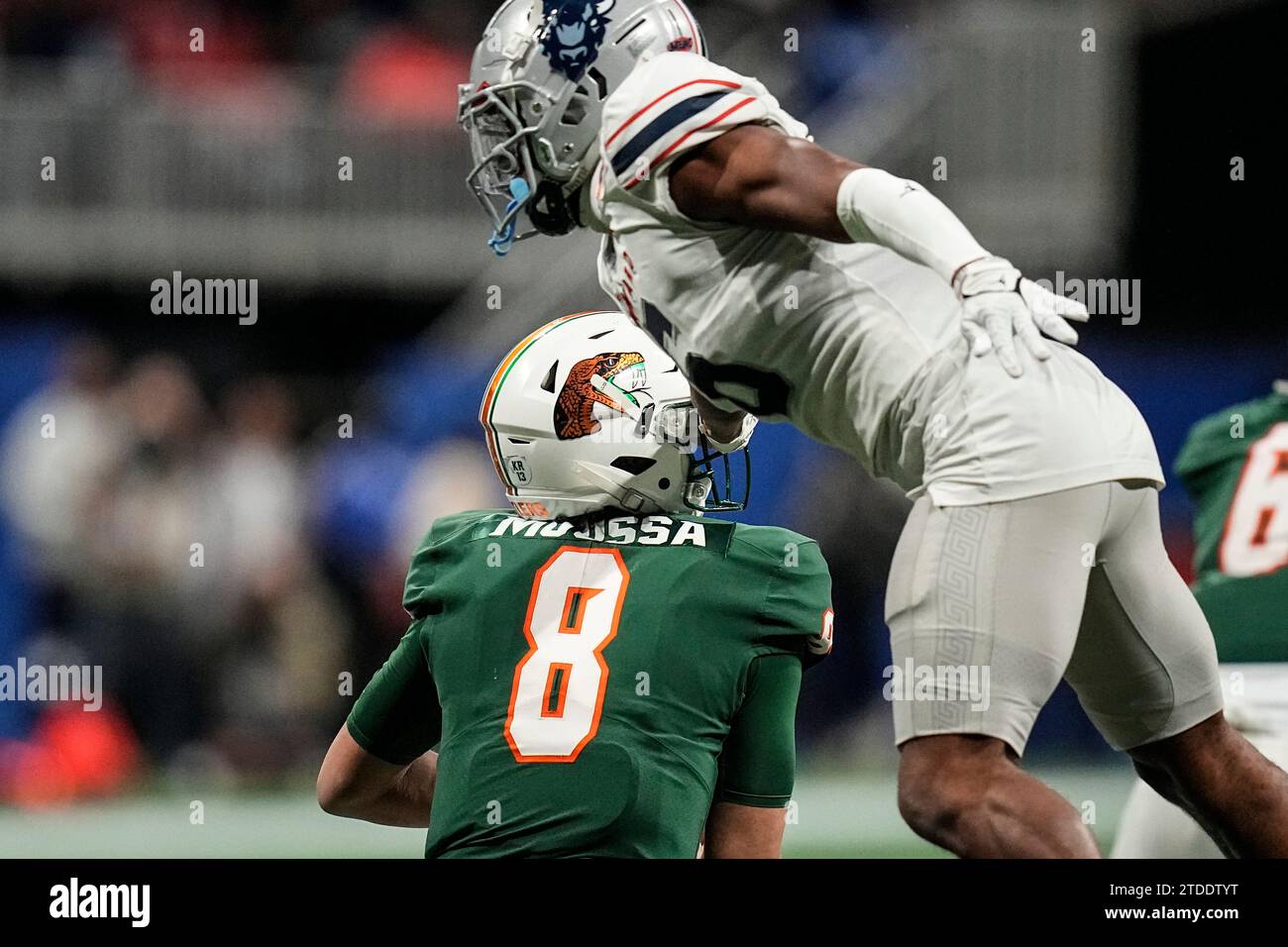 Florida A&M quarterback Jeremy Moussa (8) is hit by Howard defensive ...