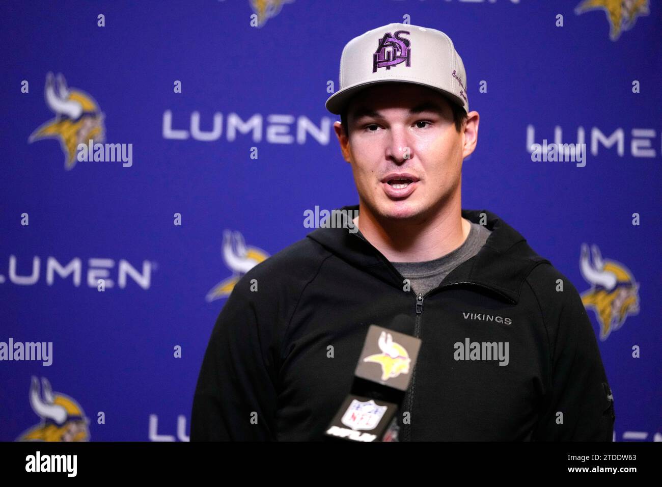 Minnesota Vikings quarterback Nick Mullens (12) answers questions after ...
