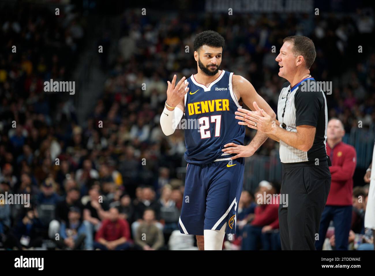 Denver Nuggets guard Jamal Murray (27) argues for a call with referee ...