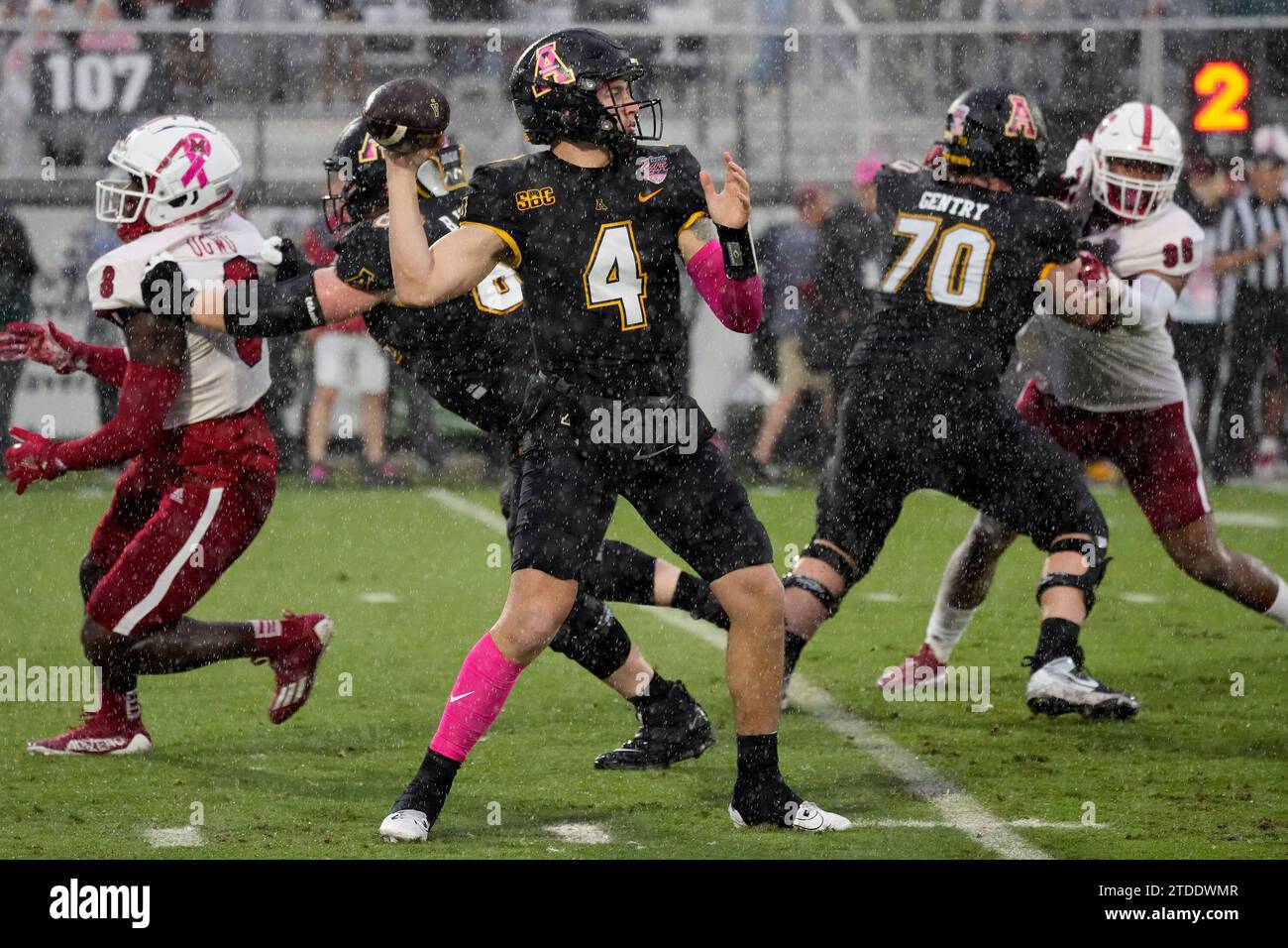 Appalachian State quarterback Joey Aguilar (4) looks to throw a pass ...